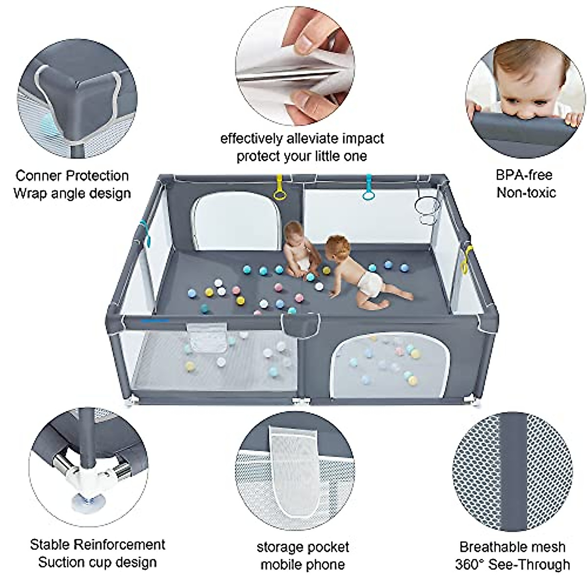 Baby Playpen, 78" x 62" x 26" Playpen for Babies and Toddlers, Indoor & Outdoor Kids Activity Center, Sturdy Safety Play Yard with Soft Breathable Mesh, Dark Grey (Including 50 Ocean Balls)