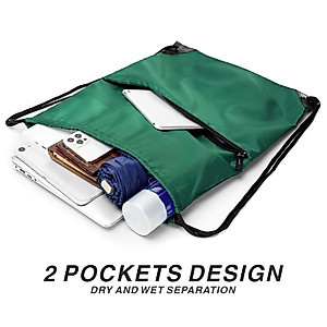 AirBuyW Drawstring Backpack, 210D Nylon Foldable Sports Gym Drawstring Tote Bag pack Sack W Zipper Side Pocket For Men Women Hunter Green