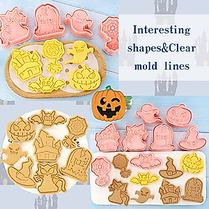 Crethinkaty Halloween Cookie Cutters-8Pieces Halloween Cookie Cutters and Stamps,Plastic Halloween Cookie Cutter Set,Pumpkin,Ghost,Cat,Castle,Tombstone,Bat,Spider,Hat-3D Halloween Cookie Molds.