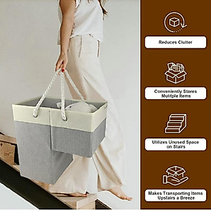 FUFenZHEN Stair Basket for Carpeted and Wooden Stairs, Flax Foldable Stair Step Basket with Rope Handles, Durable Staircase Storage Organizer for Home Toys Clothes- Grey