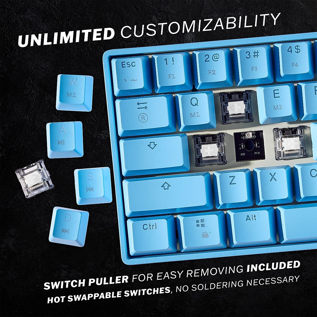 HK GAMING GK61s Mechanical Gaming Keyboard - 61 Keys Multi Color RGB Illuminated LED Backlit Wired Programmable for PC/Mac Gamer (Gateron Mechanical Black, Blue)