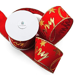 CT CRAFT LLC Red Velvet Gold Merry Christmas Wired Ribbon 2.5 Inch x 10 Yards for Christmas Home Decor Tree Topper Bow Gift Wrapping DIY Crafts Wreath Garland