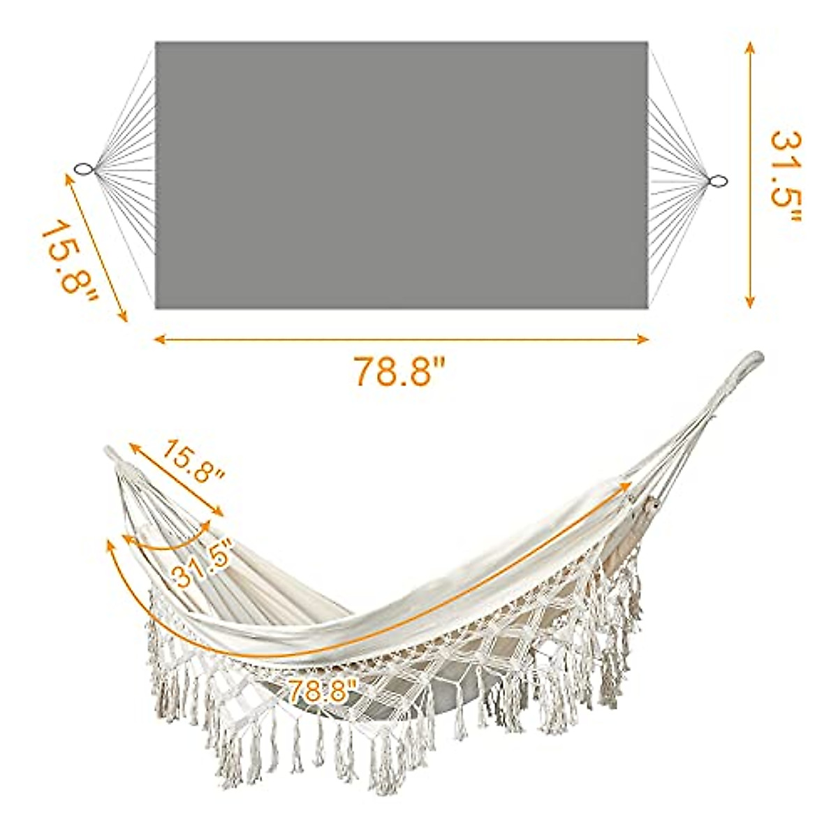 LALA IKAI Macrame Fringe Hammock Boho Balcony Hammock Handmade Tassels Hammock 2 Person Double Hammock 450lbs for Home,Outdoor,Backyard,Beach,Patio