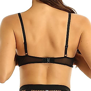 renvena Women's Lace Floral Portrait Open Tip Bra Wire-Free Unlined Push-up Triangle Bralette Top Nightwear Blacktype B X-Large