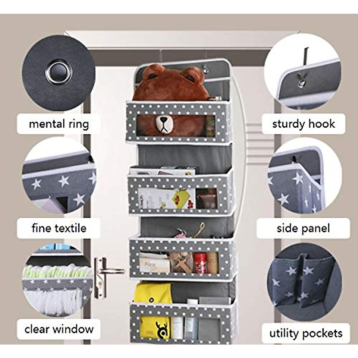 Baby Organizer Baby Over Door Organizer Nursery Closet Canbinet Baby Storage Bedroom Wall Hanging Storage 4 Clear Window Pocket Wall Mount Storage Organizer with 2 Mental Hooks