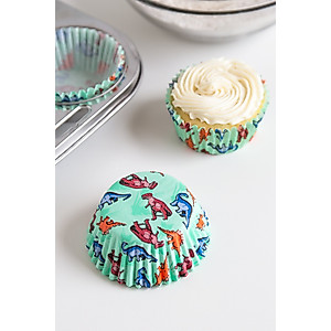 Fox Run Dinosaur Disposable Bake Cups (Pack of 50), 3 x 3 x 1.25 inches, Green