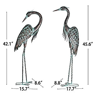 Kircust Garden Crane Statues, Standing Metal Patina Heron Decoy Outdoor Statue, 42-46 Inch Bird Yard Art for Patio Lawn Pond, Set of 2
