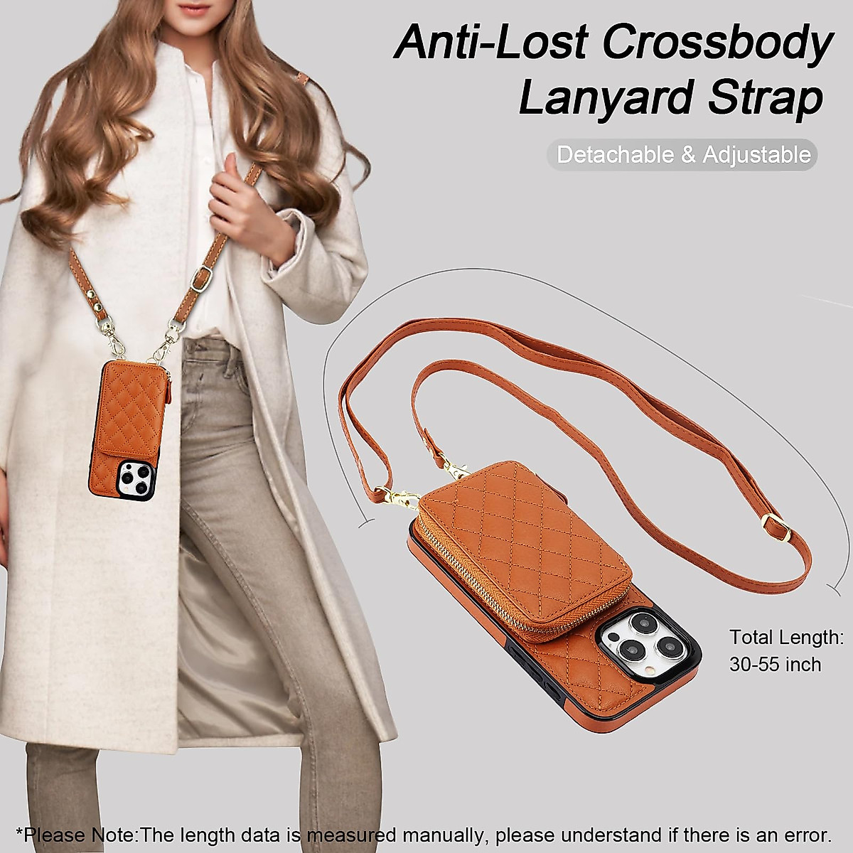 Bocasal Crossbody Wallet Case for iPhone 15 Pro Max, RFID Blocking PU Leather Zipper Handbag Purse Flip Cover, Kickstand Folio Case with Card Slots Holder Wrist Strap Lanyard 5G 6.7 Inch (Brown)