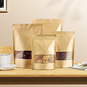 FireKylin 100 Pcs Resealable Bags,3.5" x 5.5" Stand Up Kraft Paper Bags with Matte Window, Zip Lock Food Storage Bags for Packaging Products, Reusable, Sealable