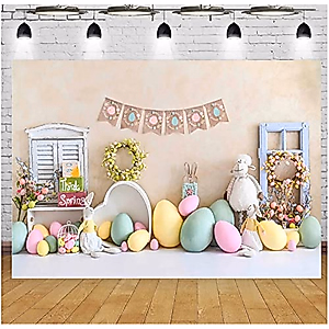 Spring Easter Wood Door Photography Background Flower Bunny Egg Kid Birthday Party Portrait Decor Backdrop Photo Studio Vinyl (5ft×3ft)