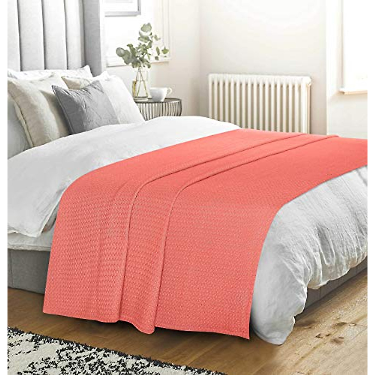 BELIZZI HOME 100% Cotton Bed Blanket, Breathable Bed Blanket Twin Size, Cotton Thermal Blankets Twin, Perfect for Layering Any Bed for All Season, Coral