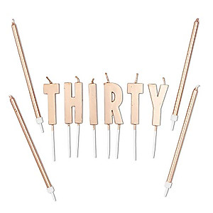 Cake Topper 30th Birthday with Thin Candles in Holders (Rose Gold, 30 Pack)