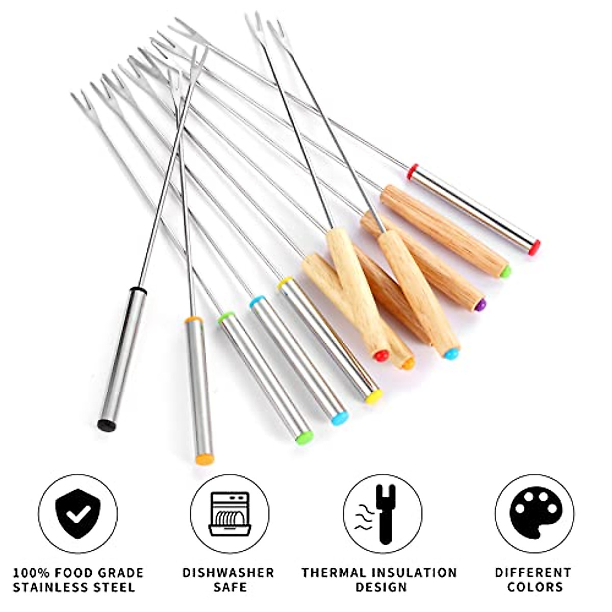 24 Pack 9.6 Inch Stainless Steel Fondue Forks, 12 Wood Handles and 12 Stainless Steel Handles, Heat Resistant Smores Sticks for Roast Meat Chocolate Dessert Cheese Marshmallows (6 Colors)