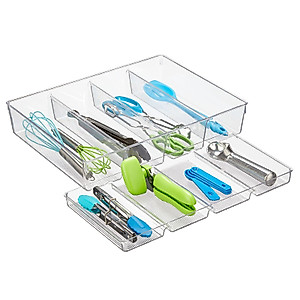 mDesign Plastic Kitchen Drawer Organizer Tray Set - Horizontal Storage Bin for Organizing Cutlery, Flatware, Silverware, Utensil, and Appliances - Ligne Collection - Clear
