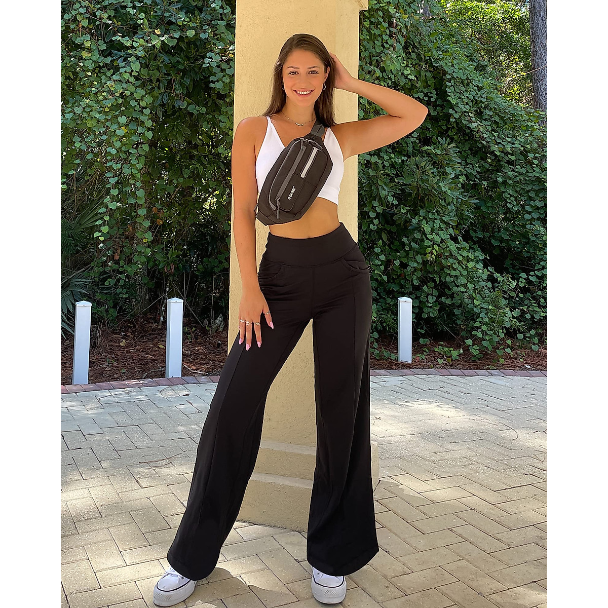 Promover Wide Leg Pants Woman Yoga Pants with Pockets Loose Stretch Casual Lounge Sweatpants Women Fashion Clothing(Black,M,30")