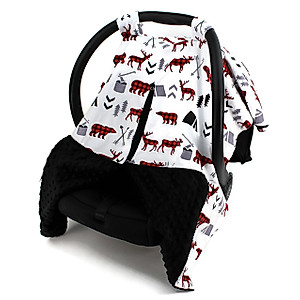 Dear Baby Gear Car Seat Canopy, Woodland Adventure Bear Moose Plaid, Minky Black