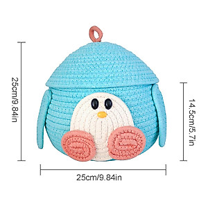 JARPSIRY Small Round Cotton Rope Woven Storage Basket with Lid, Cute Cartoon Animal Shaped Decorative Storage Bin Box, Caddy Organizer, Container for Snacks and Toys (Penguin)