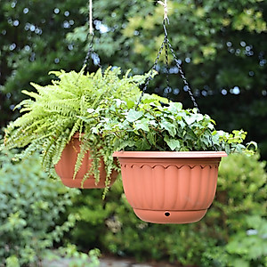 YIKUSH Hanging Planter for Indoor and Outdoor Plants 2 Pack 12inch Flower Pot Plastic Plant Pot with Drainage Hole and Absorbing Tray（Terracotta,with 3 Hooks）