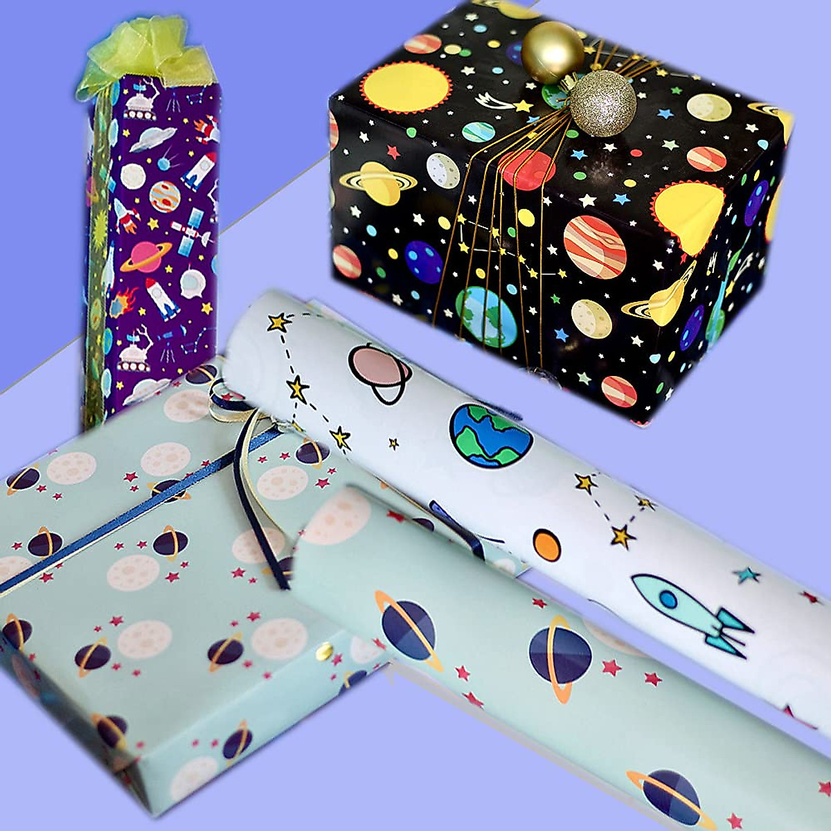 poophe Solar System Wrapping Paper, Space Gift Wrap Paper Set, 5 Pack Folded Outer Space Theme Gift Wrap for Birthday Party Decoration DIY Craft Supplies 70 X 50cm