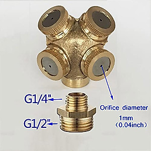 5Pack 4-Hole Brass Misting Nozzles 1/2 Inch BSPF Garden Misting Nozzle Brass Replacement Nozzle Heads, Low Ressure Mist Water Spray Sprinkler With Filter Mesh For Patio Lawn, Dust Control