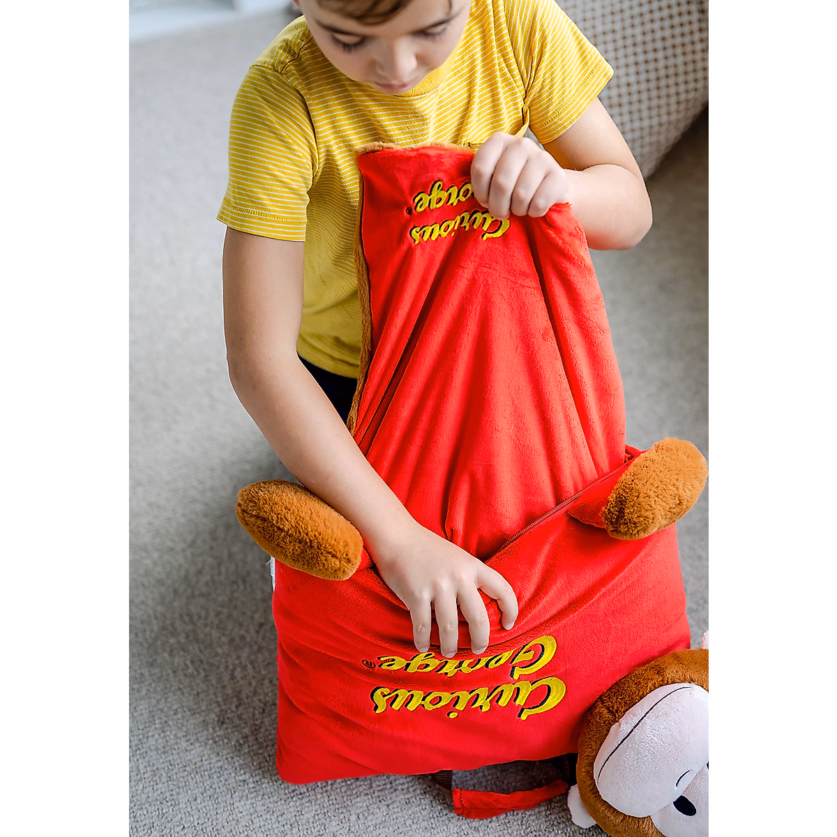 Animal Adventure®| Curious George®|Character Cuddle Combos™| 2-in-1 Stow-n-Throw Cuddle Bud with Carrying Handle & Zipper Pouch for Blanket Storage Set –29" W x 40" H Blanket