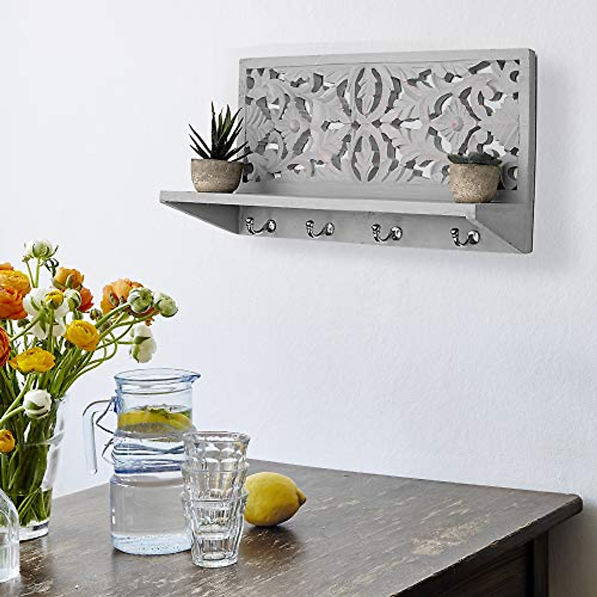 American Art Decor Hand-Carved Wooden Shelf and Coat Rack, Antique Floral Wall Decor – Dove Grey (12”x24”x4.5)