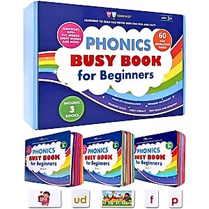 KIDDIEWIZE Learn to Read Phonics Busy Book for Beginning Readers, Montessori-Inspired Set of 3 Books for Kids Ages 3 4 5 6 7 8, 60 Learning Activities, Read in 4 Weeks with CVC Words and Sight Words