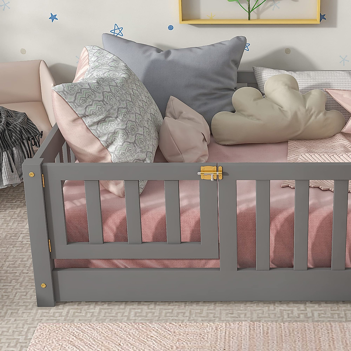 Twin Floor Bed for Kids, Montessori Bed Frame with Fence-Shaped Guardrails, Support Slats and Door, Wood Floor Twin Bed for Kids,Toddler,Boys Girls, No Box Spring Needed(Gray, Twin Bed Frame)