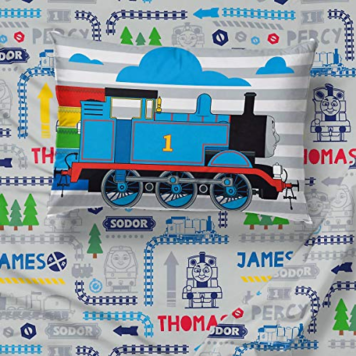 Jay Franco Thomas & Friends Stitch in Time 4 Piece Toddler Bed Set - Includes Comforter & Sheet Set Bedding - Super Soft Fade Resistant Microfiber (Official Mattel Product)