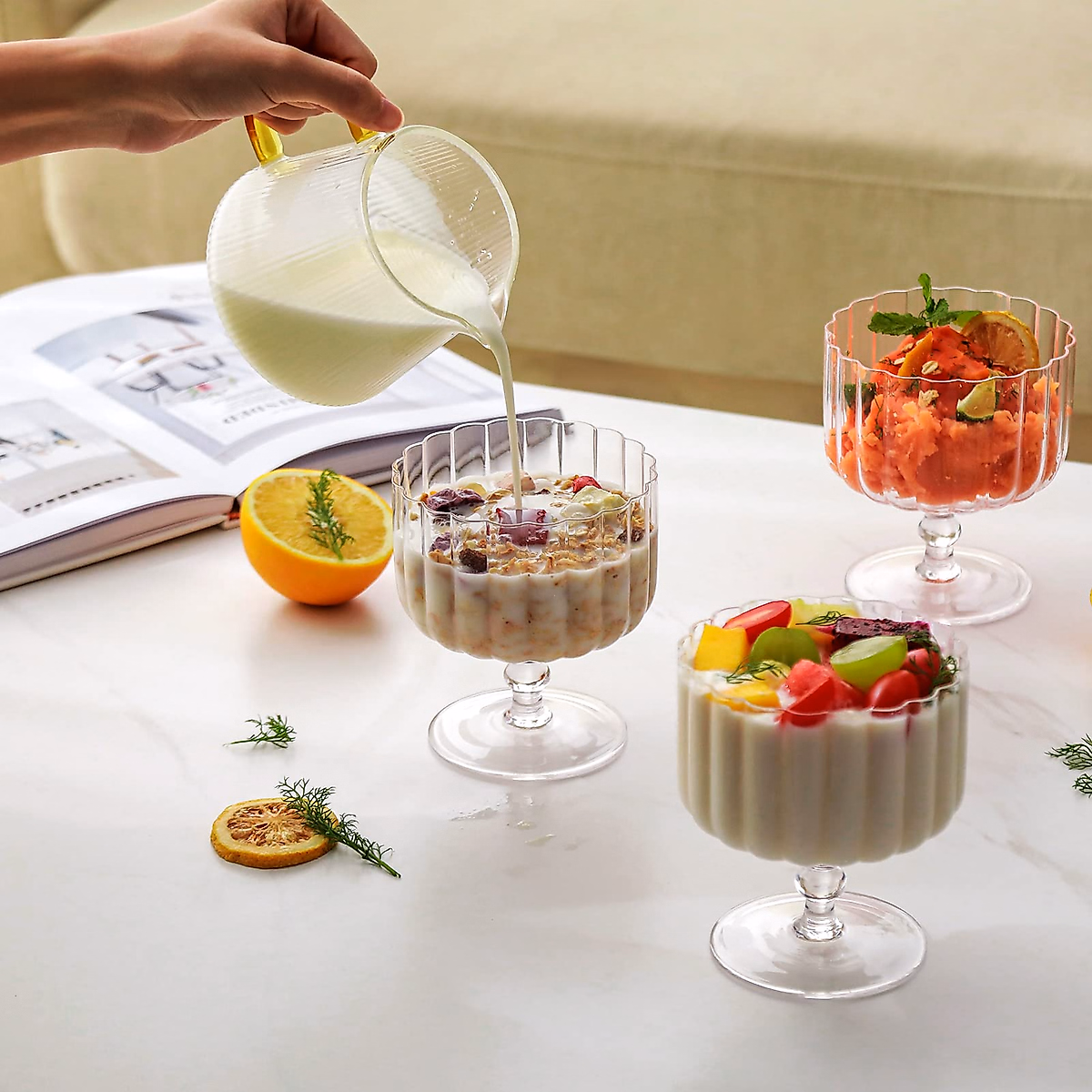 G Ribbed Dessert Bowl 18 oz set of 4 Ice Cream Bowls Large Serving Sundae Fruit Salad Pudding Snack Smoothie Trifle Cereal Nuts Yogurt