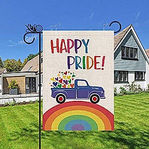 Rainbow Garden Flag Rainbow Truck Vertical Double Sided Happy Pride Flag LGBT Lesbian Gay Transgender Pansexual Flag Farmhouse Yard Outdoor Lawn Decoration 12.5 x 18 Inch