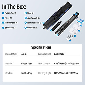 SIRUI AM-124 Carbon Fiber Tripod with Triangular Center Column, 62.6" Compact TravelTripod for Camera, 4 Sections, Waterproof Twist Lock, Load 26.5lbs