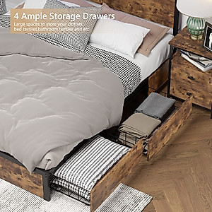 Meitewei Queen Bed Frame with 4 Storage Drawers and 2 Nightstands, Bed Frame with LED Headboard and Charging Station, Metal Platform Bed Frame, No Box Spring Needed, Vintage Brown