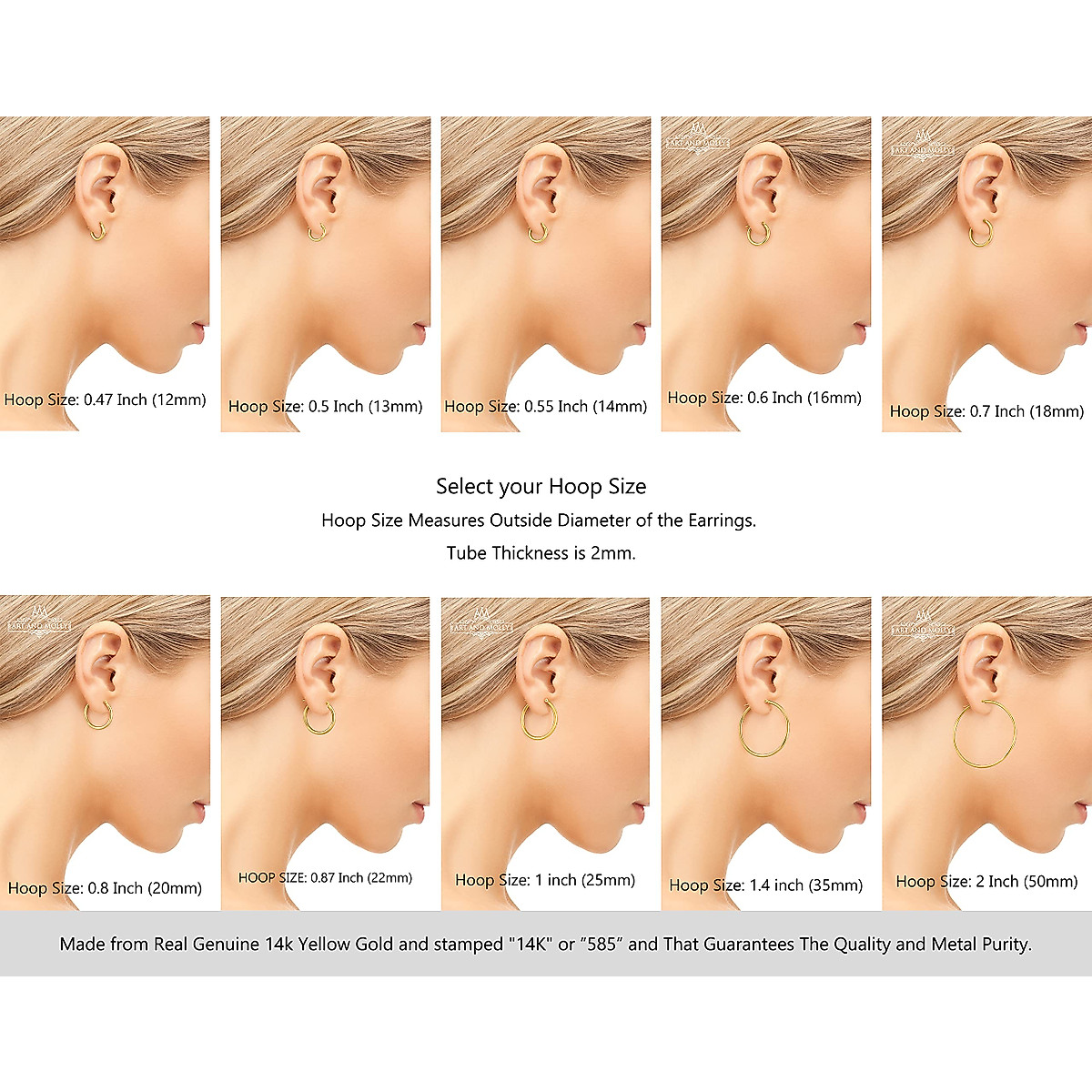 14k Yellow Gold Classic Real Gold Shiny Polished Hoop Earrings, Small Plain Round Gold Earrings Real Gold Tiny 14k Gold Extra Small Hoops 12mm (0.47 inch)