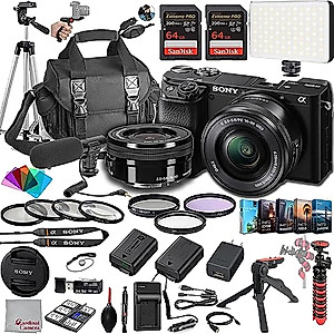 Sony a6100 Mirrorless Camera with 16-50mm + 55-210mm Lenses, 128GB Extreem Memory,.43 Wide Angle & 2X Lenses, Case. Tripod, Filters, Hood, Spare Battery & Charger, Editing Software Kit -Deluxe Bundle