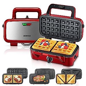 FOHERE Waffle Maker 3 in 1 Sandwich Maker 1200W Panini Press With Removable Plates and 5-gear Temperature Control, Non-stick Coating Easy to Clean,Indicator Lights, Red