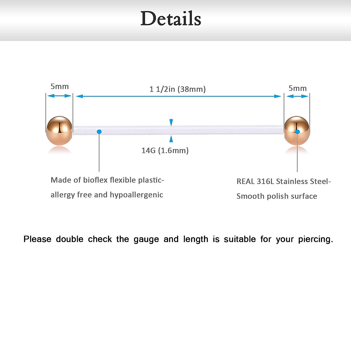 FECTAS 14G Industrial Barbells Cartilage Piercing Flexible Bar Helix-Conch Piercing Bar 6PCS 1 1/2in(38mm) 6PCS