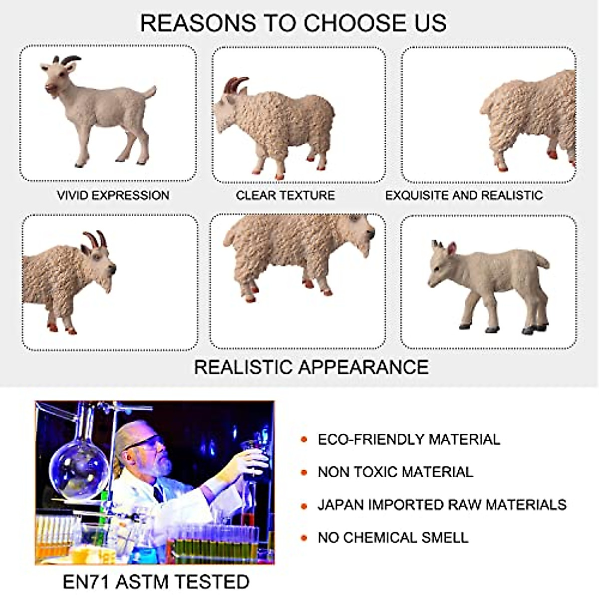 JOKFEICE Animal Figures 4pcs Plastic White Goat Animals Action Model Science Project, Learning Educational Toys, Birthday Gift, Cake Topper, for Kids