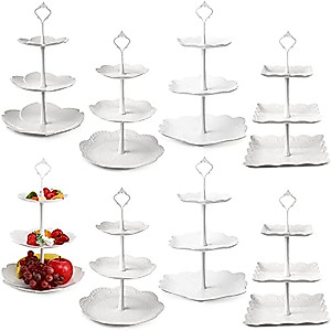 Potchen 8 Sets 3 Tier Cupcake Stand Plastic Tiered Serving Tray Round Flower Square Hexagonal White Dessert Table Display Set Candy Tower Pastry Holder for Party Wedding