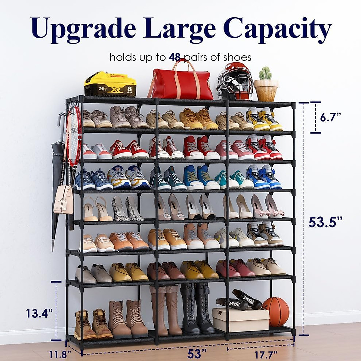 Kitsure Shoe Organizer - 8-Tier Large Shoe Rack for Closet Holds Up to 48 Pairs Shoes & Boots, Multipurpose Shoe Shelf with Hook Rack, Stackable Tall Shoe Rack for Entryway, Bedroom, Garage