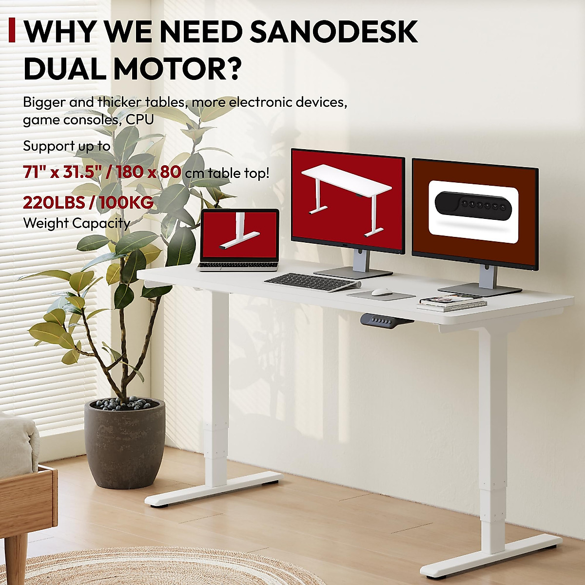 SANODESK Standing Desk with Dual Motor, 3-Stage Lifting Column, Handset with 3 Preset and Sit-Stand Reminder - 60 inch Whole Piece White Desk/White Frame, Height Adjustable Desk for Home and Office