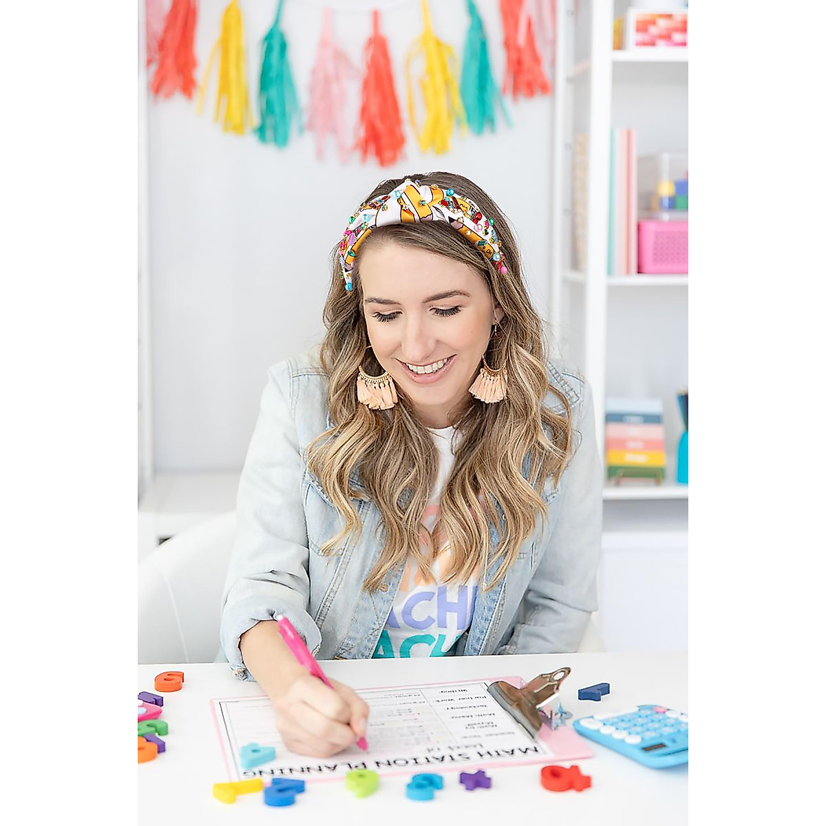 boderier Teacher Headbands for Women Pearl Crystal Knotted Headband Pencil Apple Embellished Headband Back to School Hair Accessory Teacher Appreciation Gifts (Crystal Beaded Charms)