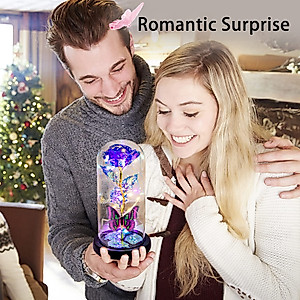 Glass Rose, for Mom, Valentines Day Gifts for Her with Greeting Card, Galaxy Purple Butterfly Eternal Rose in A Glass Dome