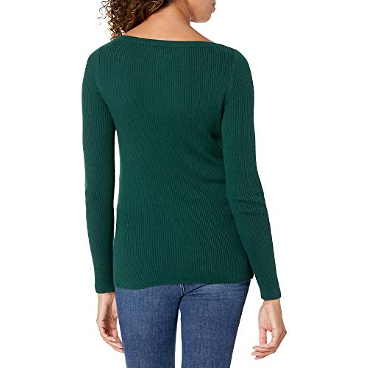 Amazon Essentials Women's Lightweight Ribbed Long-Sleeve Boat Neck Slim-Fit Sweater, Forest Green, Large