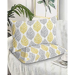 Edwiinsa Yellwo Grey Leaves Pillow Covers Standard Size Set of 2 20x26 Bed Pillow, Summer Tropical Plant Aesthetics Plush Soft Comfort for Hair/Skin Cooling Pillowcases with Envelop Closure