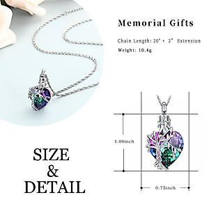 shajwo Tree of Life Cremation Heart Urn Ashes Necklace for Women Men Cremation Crystals Ash Pendant Loved One Memorial Jewelry,Silver-Purple Green