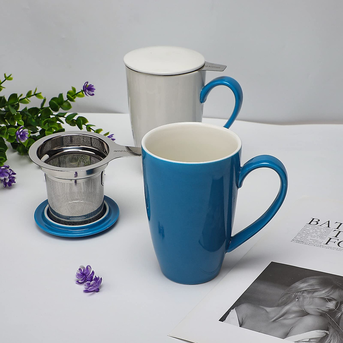 amhomel Porcelain Tea Mug with Infuser and Lid, 16 Ounce Ceramic Tea Cup for Loose Leaf, Coffee, Cocoa and Milk, Tea Gift for Tea Lovers, Set of 2(Blue and White)