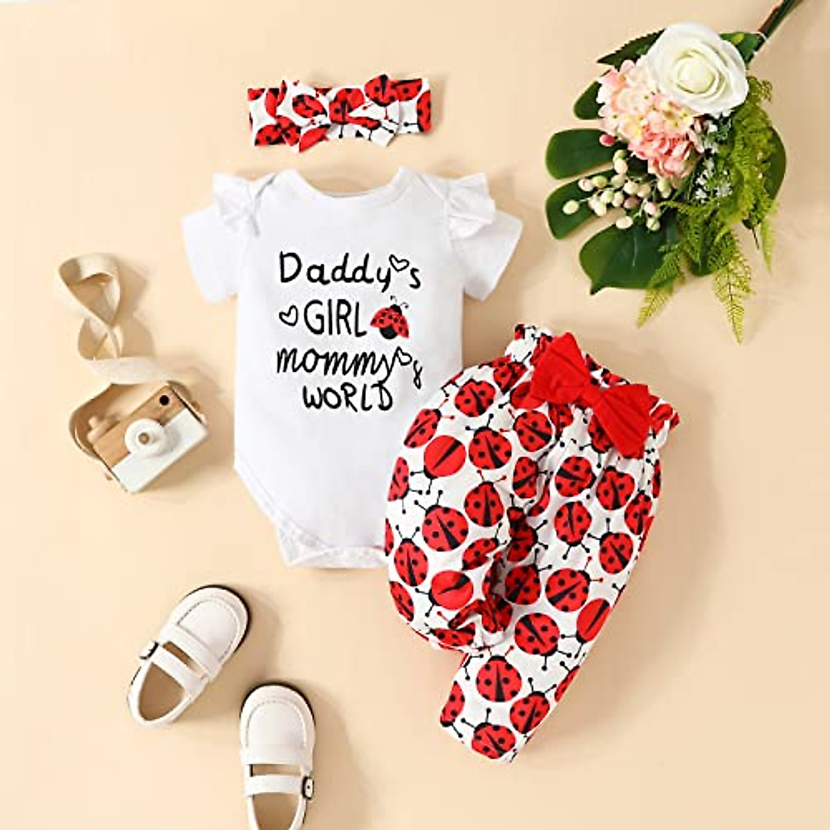 AMAWMW Newborn Baby Girl Ladybug Outfit Ruffle Romper Ladybug Pants Infant Summer Fall Clothes Set Baby Girl Gifts