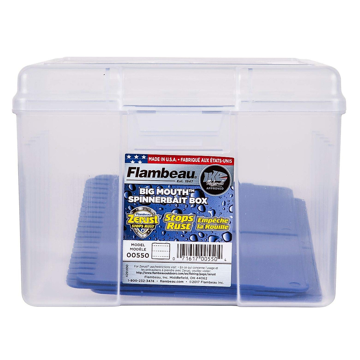 Flambeau Outdoors 550 Large Big Mouth Spinnerbait Box, Fishing Bait and Lure Organizer with anti-corrosion Zerust dividers, Clear