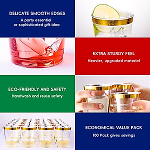 JOLLY CHEF 100 Pack 10 oz Gold Plastic Cups, Clear Plastic Glasses Tumblers, Elegant Gold Rimmed Disposable Cups Perfect for Weddings, Thanksgiving Day, Christmas